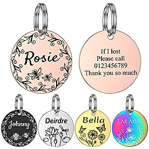 Dog Tag Engraved for Pets - GISUERY Dog ID tag with Floral Patterns - Polished Stainless Steel and Engraved on Both Sides - Custom Dog Tags for Pets with 2 Split Rings (Round - Flora)