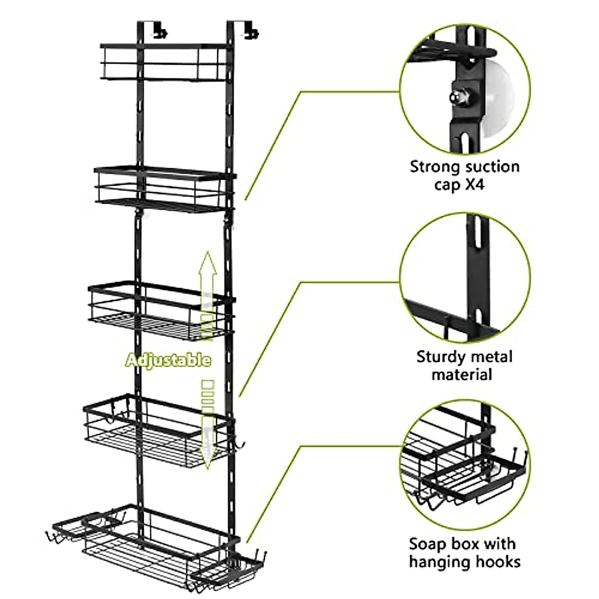 PINPON Over the Door Shower Caddy 5-tier Adjustable Hanging Shower Organizer with 8 Hooks Extra Large Metal Rustproof Bathroom Shelves Rack with 2 Detachable Soap Holder(Black)