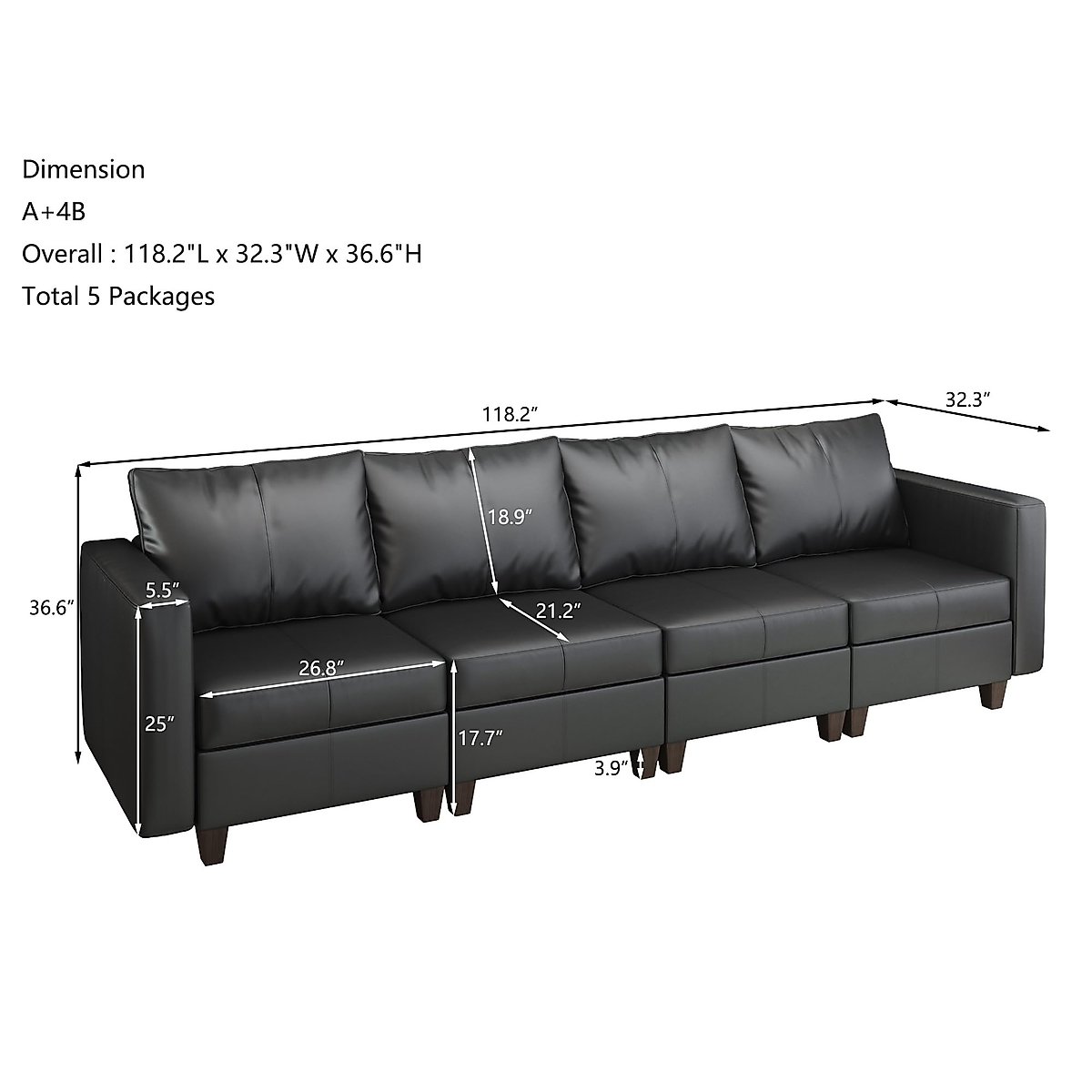 EASE MOOSE Modular Sectional Couch with Storage Seats, 4 Seat Faux Leather Convertible Modular Sofa Sectional Sofa Couch with Reversible Chaises for Small Spaces