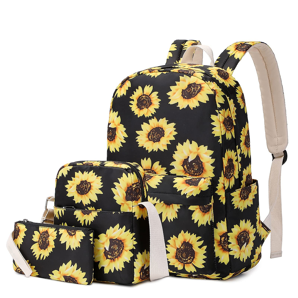 EZYCOK School Backpack College Bookbag for Girls Women, Water Resistant Laptop Backpack Casual Daypack with Sling Bag and Pencil Case , Sunflower
