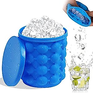 Ice Cube Mold Ice Cube Trays, New 3D Ice Cubes Maker(2 in 1), Large Cylindrical Silicone Ice Bucket for Frozen Cocktail, Beverages and More - Blue