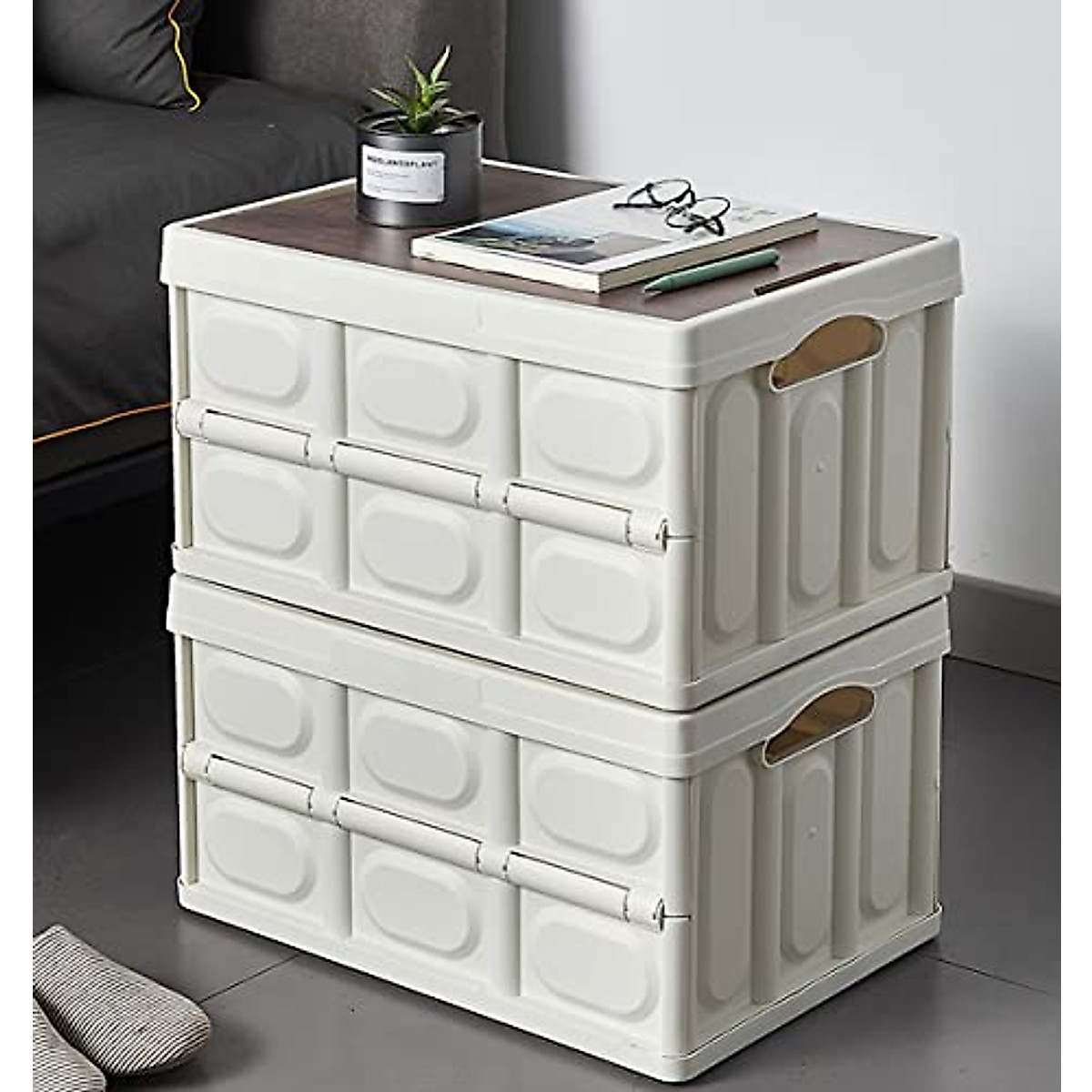 Josphlies Folding Storage Bins with Wood Lid,Collapsible Closet Organizers and Storage Container,Multifunction Plastic Storage Box for Camping,College Dorm Room Essentials,Office,Outdoor,Indoor (30L)