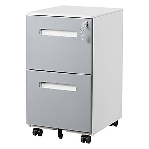 GOOGIC 2-Drawer Mobile File Cabinets, Rolling Metal Vertical Filing Cabinet for Legal & Letter File Anti-tilt Design with Lock Fully Assembled Except Casters, Gray&White(Style 3)
