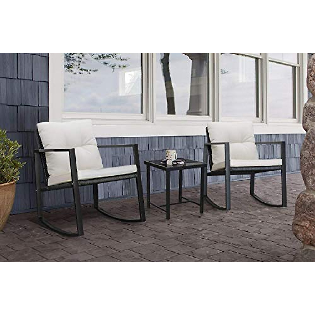 Flamaker Patio Chairs 3 Piece Wicker Rocking Chair Outdoor Bistro Sets with Coffee Table and Cushions Metal Frame Patio Furniture for Porch, Balcony, Lawn (White)