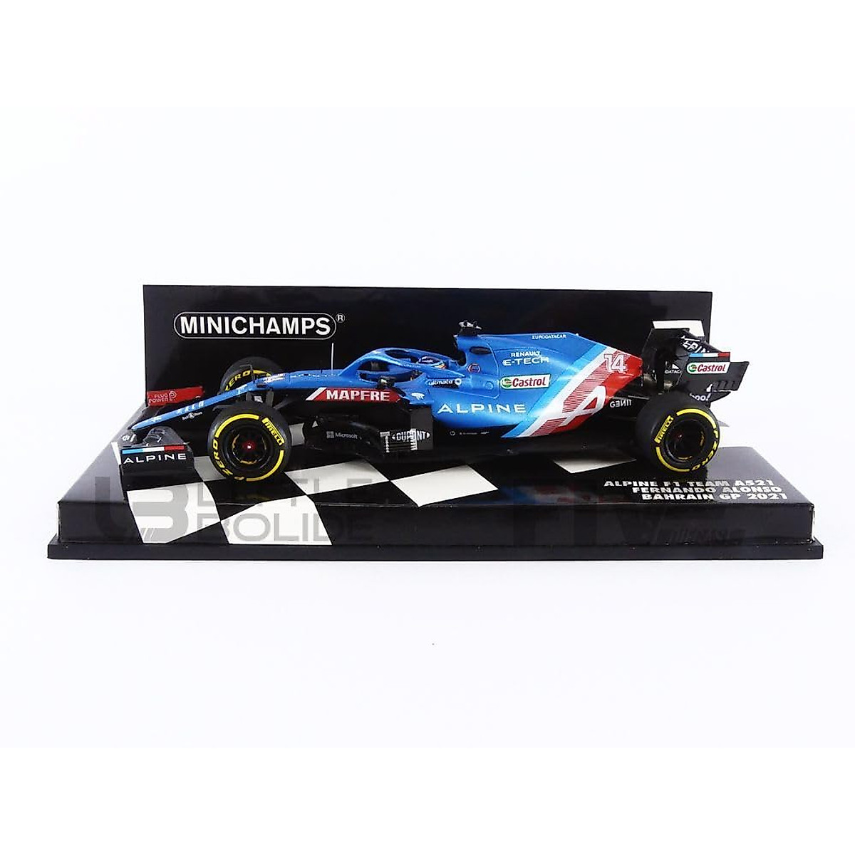 Minichamps 417210114 1:43 Alpine F1 Team A521-Fernando Alonso-Bahrain GP 2021 Collectible Miniature Car, Multicoloured, Blue/Red/Black