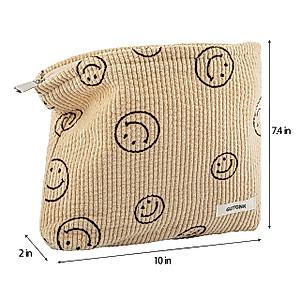 GUTGNK Makeup bag for Women, Corduroy Cosmetic Bag Aesthetic Design Ladies Tote Bag,Cute Smiley Face Makeup Organizer with Zipper - Khaki