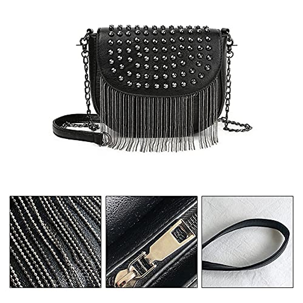 Women's Small Studs Crossbody Handbag Fashion Shell Shape Shoulder Messenger Bag (Black-2)