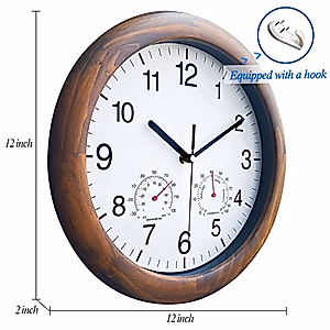 Reynoe Wooden Wall Clock with Temperature and Humidity, 12 Inch Brown, Large Numbers for Room Decor