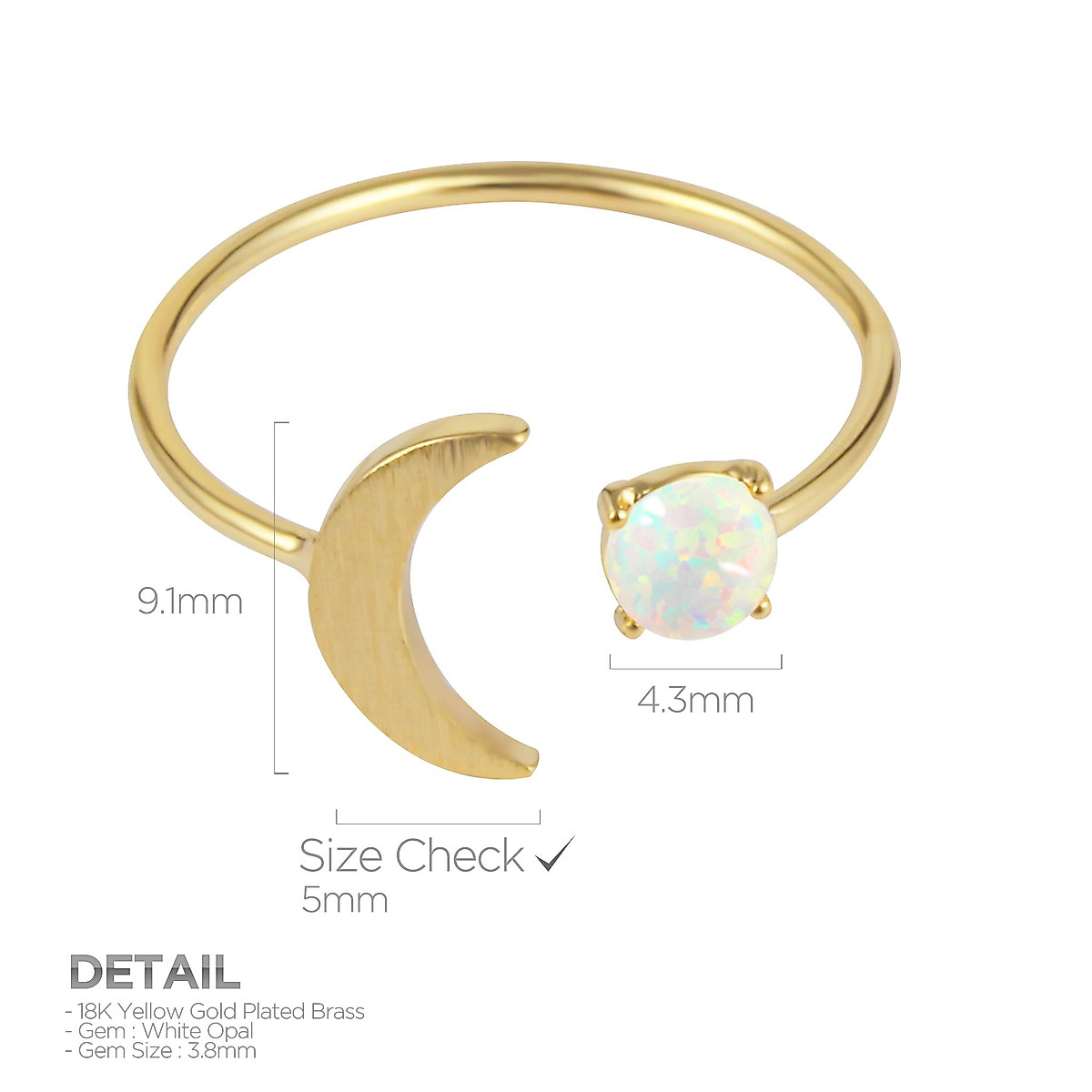 MUSTHAVE Adjustable 18K Gold Plated Ring, Moon Opal, Created Opal, Round, Prong, Glossy Finish