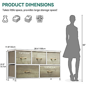 YITAHOME Wide Chest of Drawers, Dresser with 5 Drawers, Oak Greige Fabric Storage Tower, Dresser for Bedroom with 5 Drawers, Living Room, Closets - Sturdy Steel Frame, Wooden Top