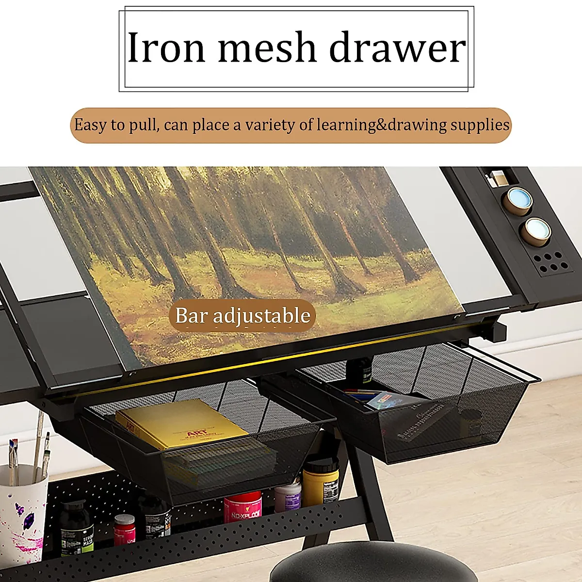 Drawing Table Glass Drafting Table Art Desk with Stool, Height Adjustable Drawing Desk Art Table for Artists, Upgraded Tiltable Tabletop Art Craft Desk Painting Work Station for Reading Writing Drawin