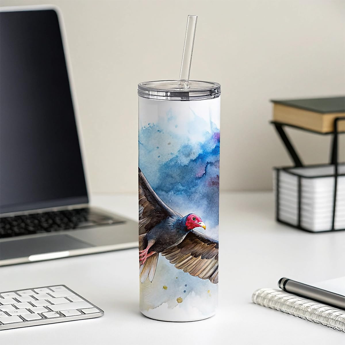 Black Turkey Vulture In Flight Watercolor Skinny Tumbler 20oz with Straw Insulated Water Bottle Gift