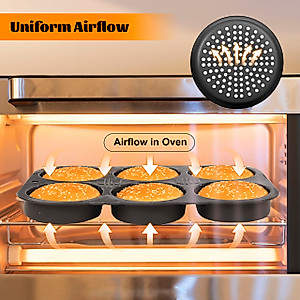 AKS Co Hamburger Bun Pan, Non-Stick Silicone - Oven-Safe, Vented 6-Cavity Baking Mold, Dishwasher Safe with Basting Brush