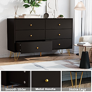 Tradare Black Dresser for Bedroom, 6 Drawer Dresser with Golden Handles, Large Storage Cabinet, Modern Chest of Drawers Organizer Storage for Hallyway, Entryway