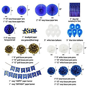 Navy Birthday Decorations for Boy 1st Birthday Party Decorations HAPPY BIRTHDAY Banner Tissue Pom Poms Blue Foil Curtains Paper Fans Blue Gold Paper Star Garland Latex Balloons Nautical Party Supplies
