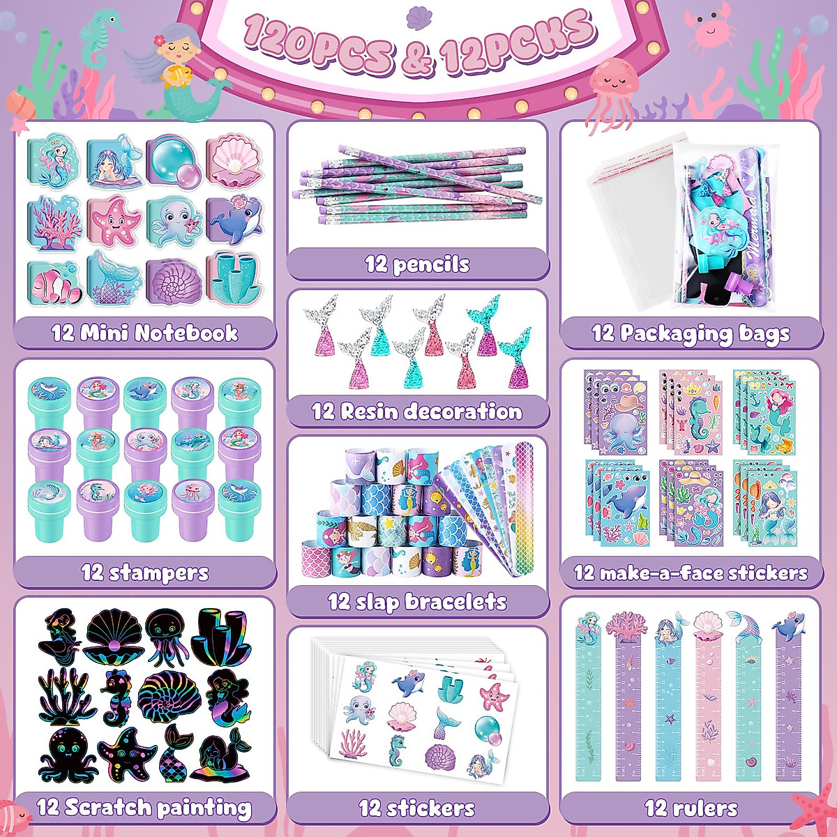BenLouis 120Pcs Mermaid Party Favors Little Mermaid Pencils Stickers School Stationery Bulk for Kids Mermaid Birthday Decor Baby Shower Candy Goodie Bag Stuffer Classroom Rewards Pinata Supplies