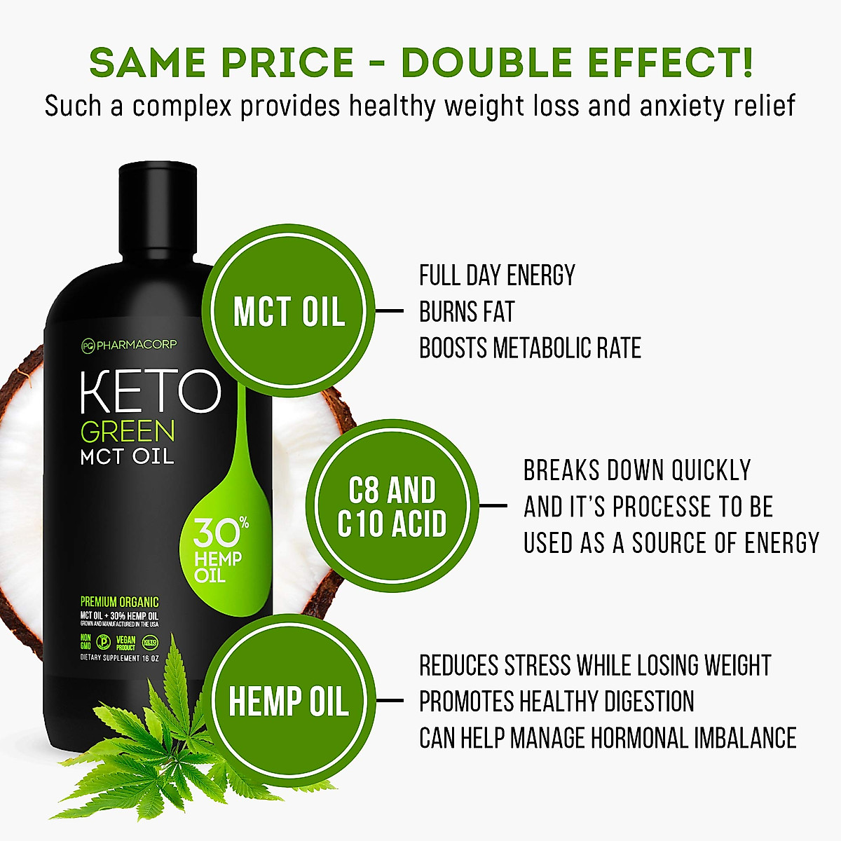 100% Organic MCT Oil for Vegan - Derived only from Non-GMO Hawaiian Coconuts - Includes Omega 3,6,9 and Vitamic C, E (3-in-1) - US Made - Great in Keto Salad Dressings