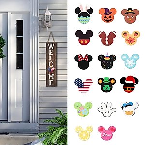 FUEMEILY 15.7'' Cute Mouse Seasonal Interchangeable Home Sign for Front Porch,18pcs Interchangeable Hanging Vertical Welcome Door Sign for Farmhouse/Wall/Porch Decor and Housewarming Gift