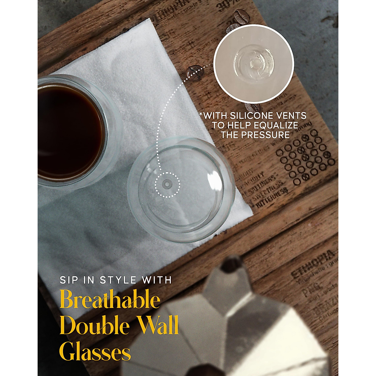 Kitchables Double Wall Glass Coffee Mugs Set of 4, 8oz - Insulated Clear Glass Coffee Mugs for Cappuccino, Latte, Tea, Espresso - Latte Cup - Tazas Para Cafe