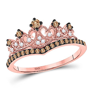The Diamond Deal 10kt Rose Gold Womens Round Brown Diamond Crown Tiara Ring 1/3 Cttw