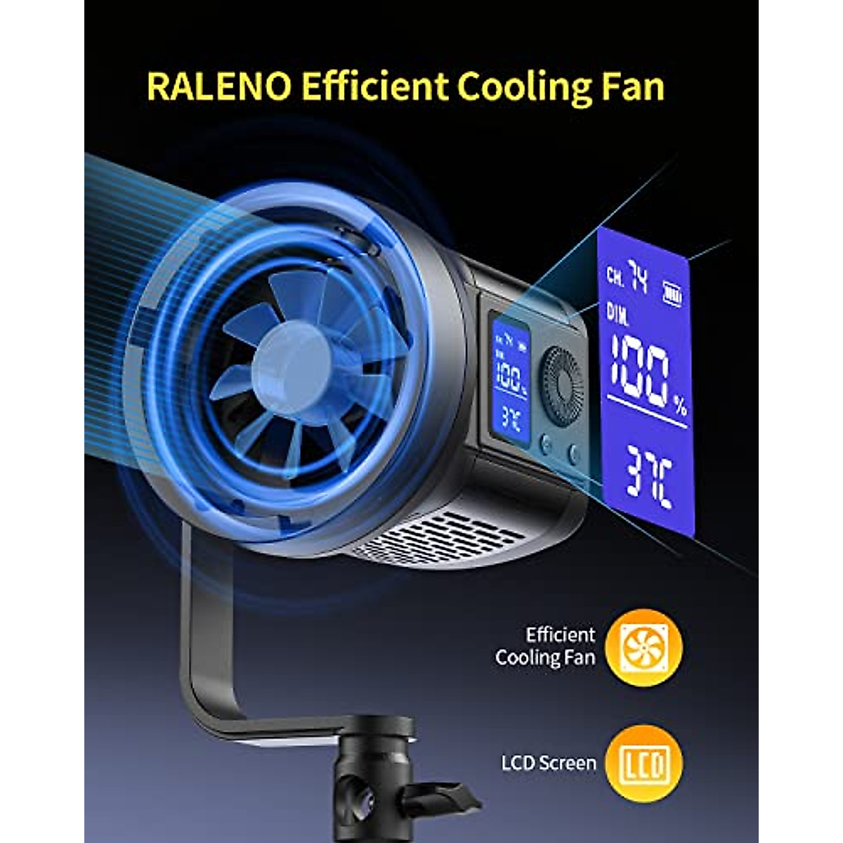 RaLeno 80W LED Studio Video Light, Continuous Lighting with 5600K 7200Lux@1M CRI 95+ Brightness Adjustable, Efficiency Cooling Fan and Bowens Mount, for YouTube Outdoor Video Recording Photography