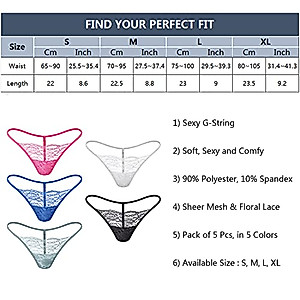 CKSUNG Women's Low Rise Soft Lace G-String Thong Panties, Pack of 5 (Small)