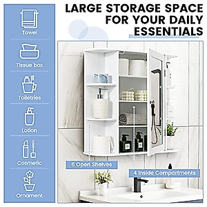 COSTWAY Wall Mounted Bathroom Cabinet - Storage Cabinet with Mirror Door & Adjustable Shelves, Space-Saving Medicine Storage Organizer for Living Room Kitchen Entryway (White)