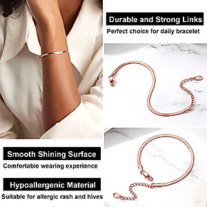 FOCALOOK Snake Chain Bracelet Rose Gold Plated 3MM Flat Herringbone Chain Bracelets