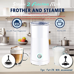 Huogary Milk Forther Simple Milk Frother and Steamer 2-in-1 Milk Steamer with Hot Milk Foam and Hot Milk for Latte, Macchiato, Cappuccinos (white)