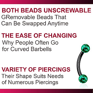 bodyjewellery 2pcs 16g Curved Barbell Eyebrow Ring Bar Stud Tragus Cartilage Lip Helix Conch Earrings Black Titanium G23 Labret B2ICK (Emerald)