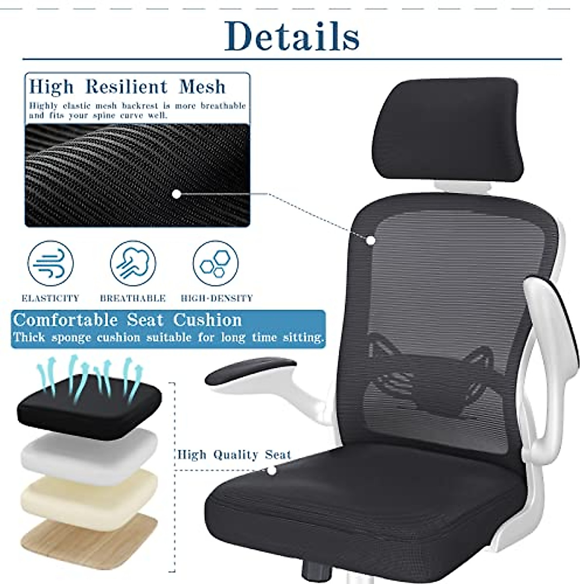 ZXBEER Office Chair Ergonomic Desk Chair Lumbar Support Height Adjustable Computer Chair with Flip-up Armrests, Mesh High Back, and 360° Rocking Function Swivel Task Chair for Home Office