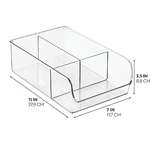 iDesign Linus Plastic Fridge and Freezer Divided Storage Organizer Bin, Container for Food, Drinks, Snacks, Produce Organization, 11" x 7" x 3.5", Clear