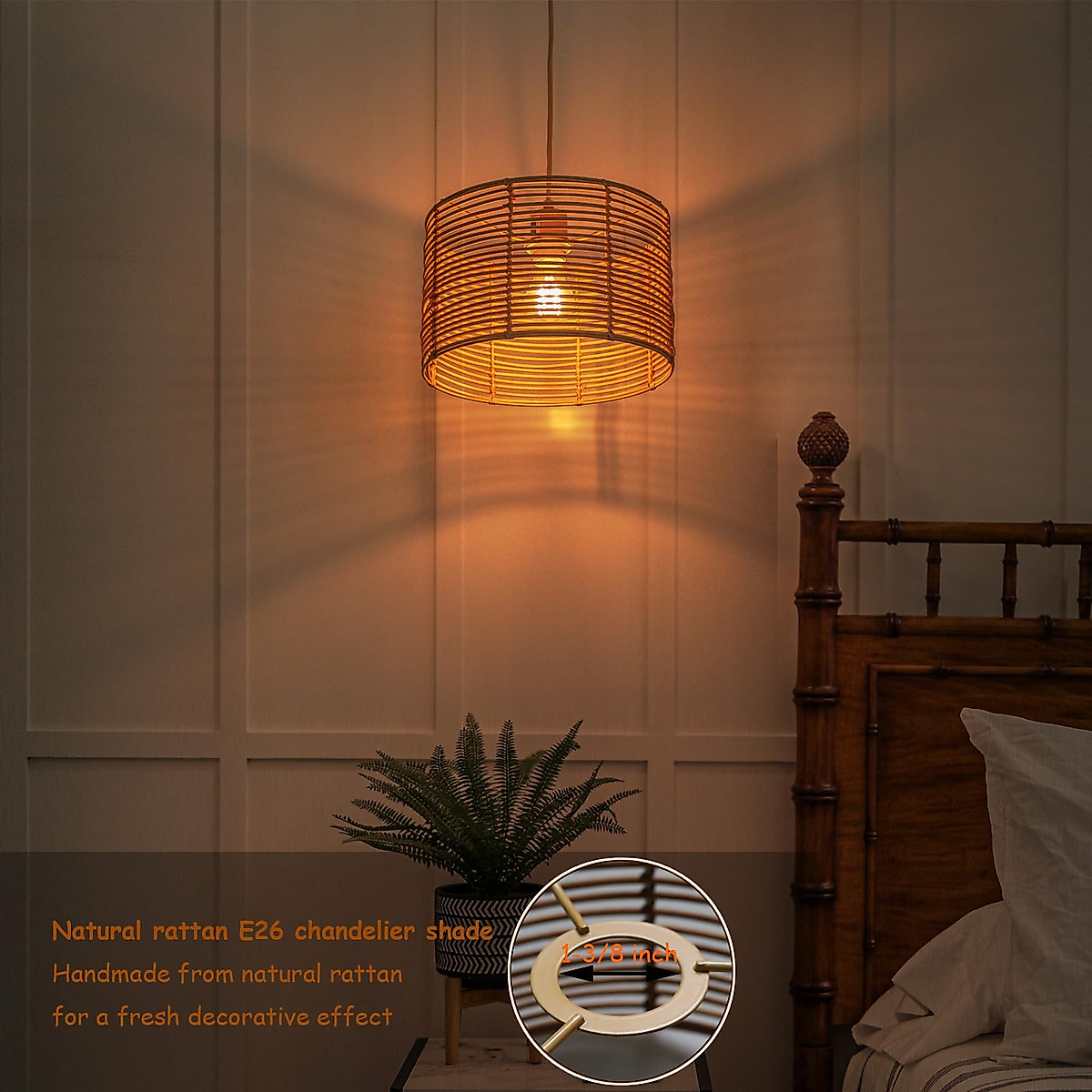 Rattan Drum lamp shades rattan Chandelier Shades Woven Boho Rattan Lampshade Chandelier Shades Pendant light Covers E26 E27 Replacement Table Lamp Floor Lamps Lampshades(Dark Brown)