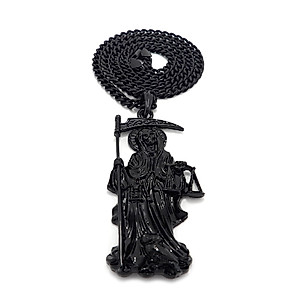 MAXBLING81 Hip Hop Jet Black Saint Death Santa Muerte Charm Pendant & 5mm 24" Cuban Chain Fashion Necklace for Gift, Halloween Party