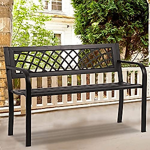 YIQIEDEY Garden Bench Outdoor Bench Patio Bench Metal Bench with Mesh Pattern, Outdoor Benches Black Park Bench Sturdy Steel Frame Furniture for Park Yard Front Porch Path Lawn Work Entryway, 400lbs