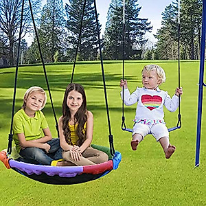Swing Set for Backyard, 440lbs, Heavy-Duty A-Frame Metal Outdoor Stand, 1 Saucer Swing Seat & 1 Swings Seat