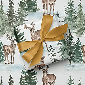 WRAPAHOLIC Kraft Christmas Wrapping Paper - Mini Roll - 17 Inch x 33 Feet - Watercolor Elk and Winter Forest Landscape Design for Christmas, Holiday, Party Celebration