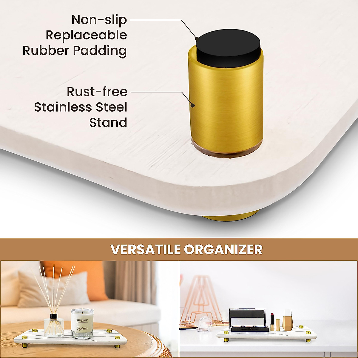 Urbeyn Instant Dry Sink Organizer Eco-Friendly Non-Slip Stainless Steel Gold Tone Riser Anti-Rust Feet - Diatomite Stone Tray with Long-Term Maintenance Care Pad Included (White)