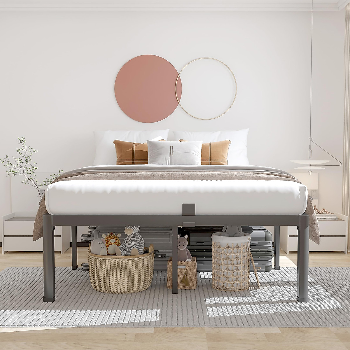 ROIL 18 Inch California King Bed Frame with Rounded Corner and Headboard Hole Mattress Retainers 3500LBS Metal Heavy Duty Steel Slats No Box Spring Needed Platform Noise-Free Easy Assembly