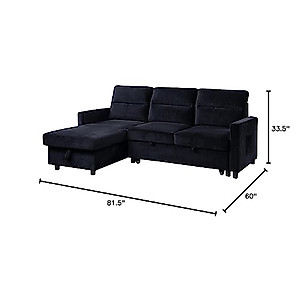 Lilola Home Ivy Black Velvet Reversible Sleeper Sectional Sofa with Storage Chaise and Side Pocket