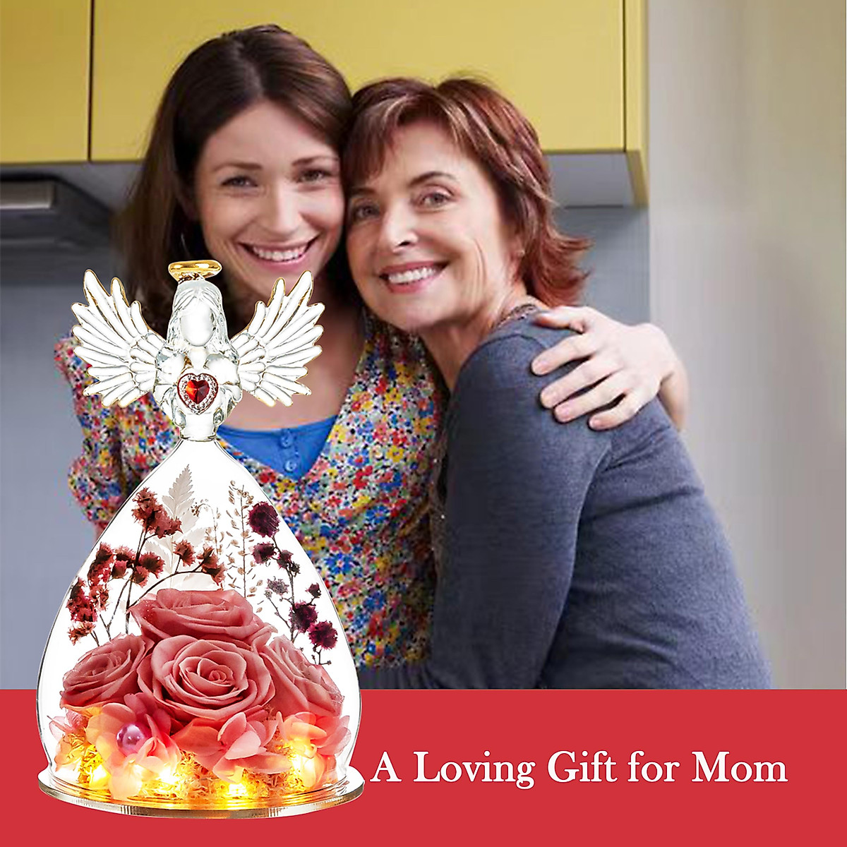 Lafloraita Mothers Day Preserved Rose Gifts for Women Mom Grandma Wife,Glass Angel Figurines with LED Light,Four Real Rose Flowers Sweet Pink