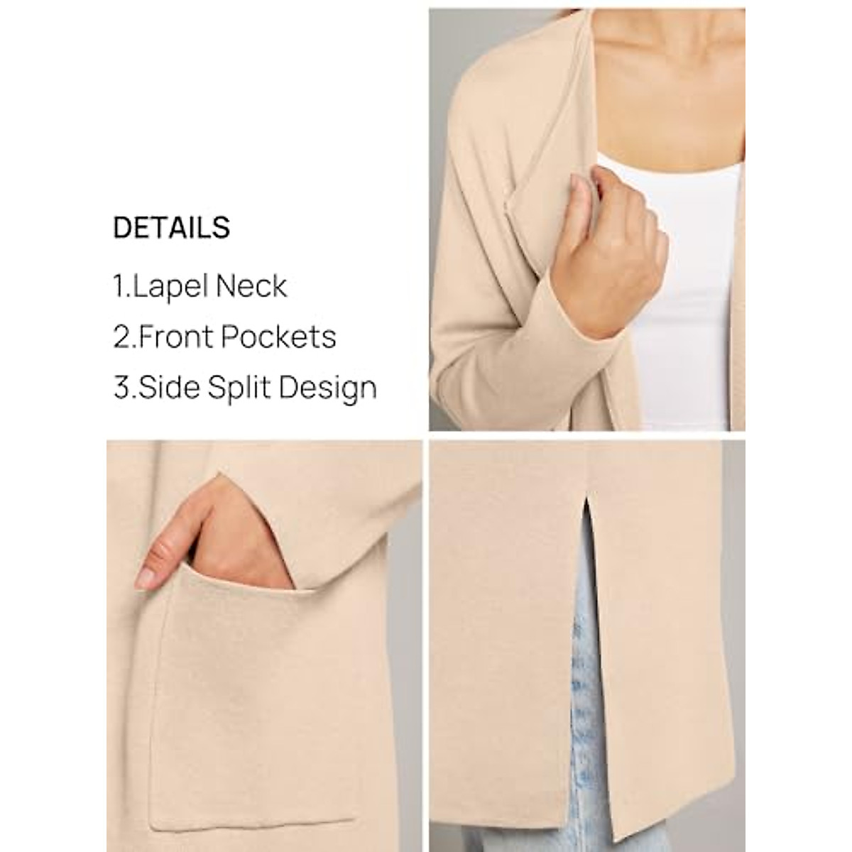 MEROKEETY Women's Open Front Coatigan Sweater Long Sleeve Casual Knit Lapel Cardigan Coat with Pockets, Apricot, Small