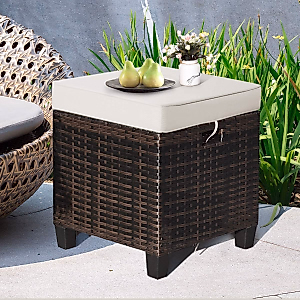 HAPPYGRILL 2-Piece Patio Ottoman Set Outdoor Rattan Wicker Ottoman Seat with Removable Cushions Patio Furniture Footstool Footrest Seat