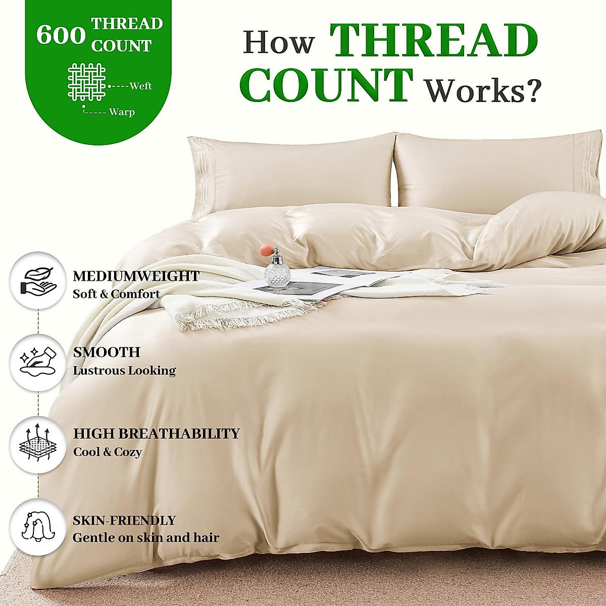 YIYEA Duvet Cover Queen Size - 100% Organic Viscose Derived from Bamboo - Luxury 600 Thread Count Cooling Comforter Cover Set for Hot Sleepers, Silky Soft and Breathable - Beige