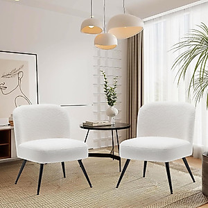 Aklaus Sherpa Boucle Accent Chairs Set of 2 for Living Room Bedroom.Upholstered Reading Chair Teddy White Modern Armless Chair with Larger Seat Comfy Side Chairs for Office Waiting Room