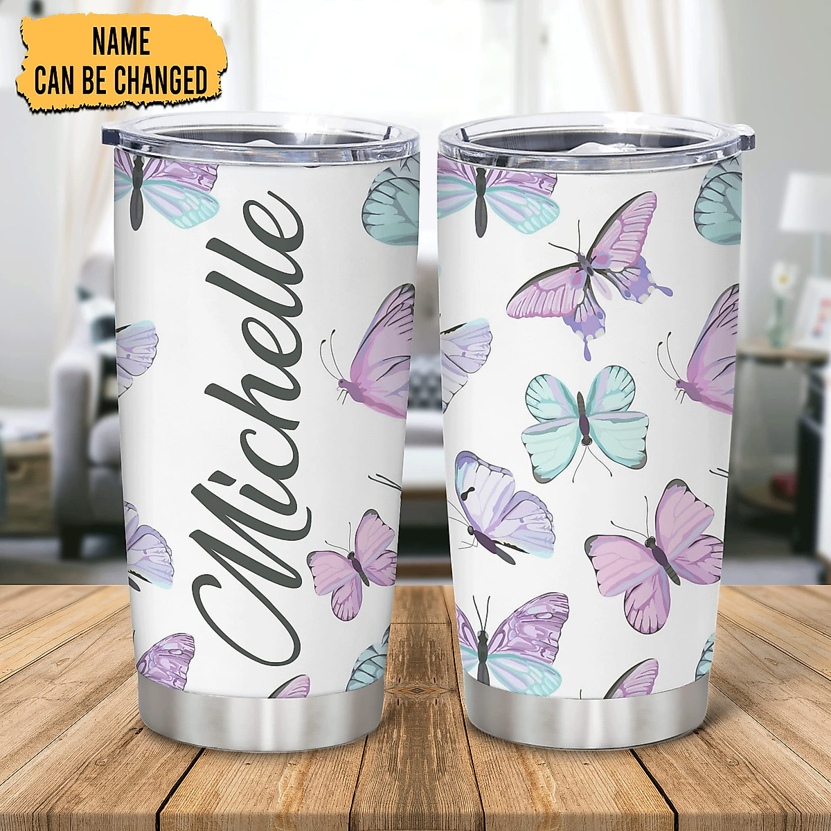 Hyturtle Personalized Gifts For Butterfly Lover - Birthday Christmas - Butterfly Print Custom Name Stainless Steel Tumbler 20oz With Straw Lid - Gifts For Her Women Girl Daughter Friend