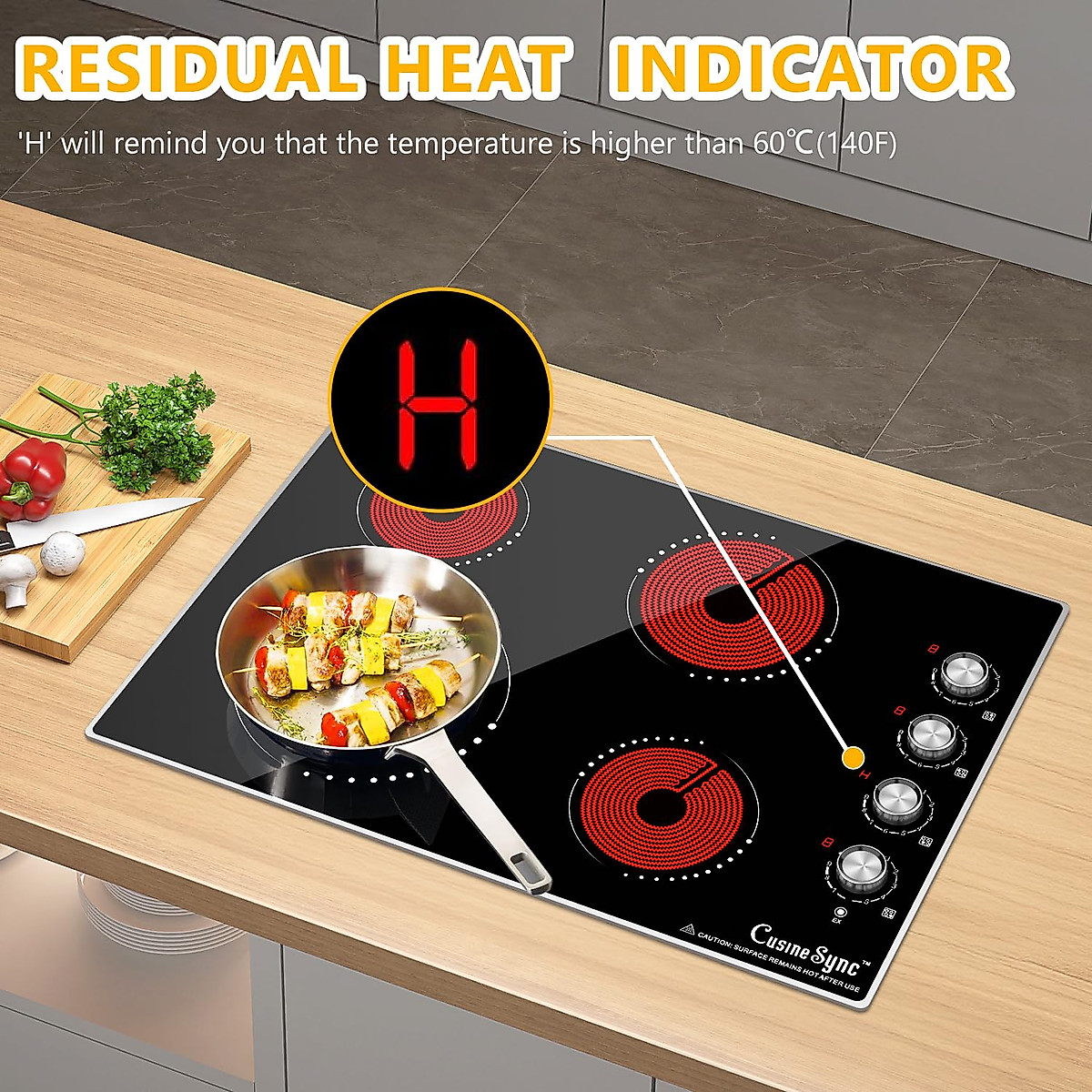 Cusinesync 30 Inch Electric Cooktop, 4 Burner Built-in Electric Stove Top with 9 Power Levels, Knob Control, Auto shutdown and Residual Heat Warning, 7200W, 220-240V for Hard Wire