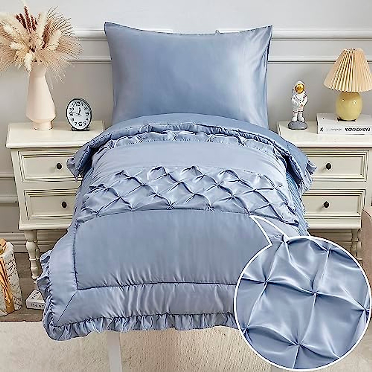 Toddler Bedding Set for Girls 4 Piece Pinch Pleated Grey Ruffle Fringe Pintuck Toddler Bed Comforter Set for Kids Bed-in-a-Bag Quilt Crib Sheet Set with Comforter,Flat Sheet,Fitted Sheet,Pillowcase