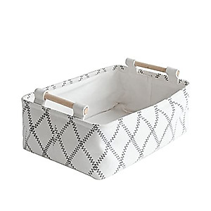 LUFOFOX Decorative Collapsible Rectangular Fabric Storage Bin Organizer Basket with Wooden Handles for Clothes Storage, 11"×7.1"×3.9", White