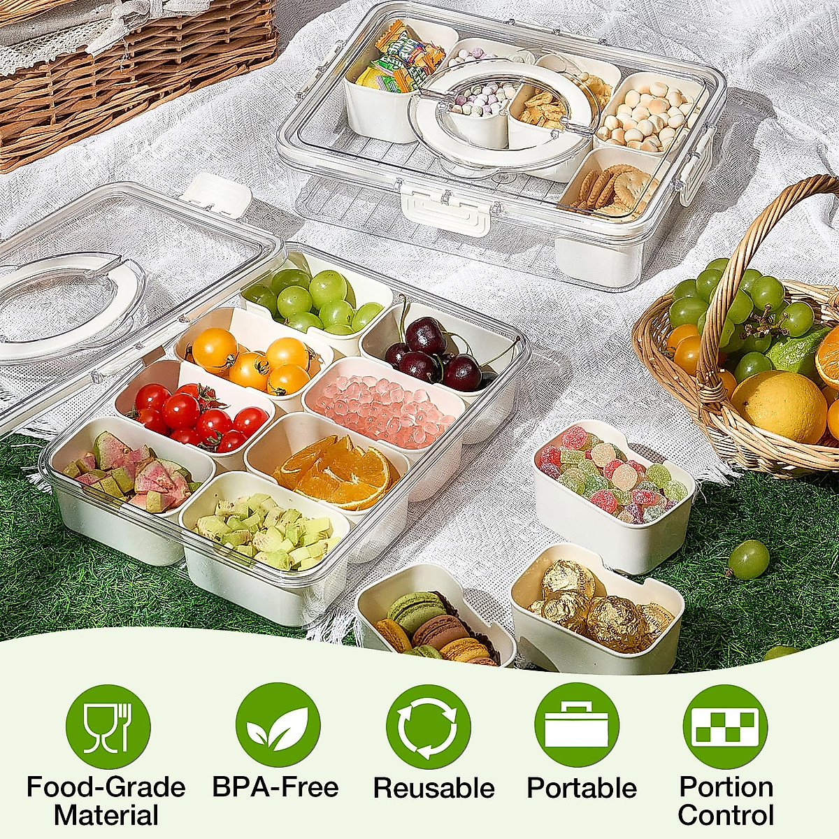 Mfacoy Snackle Box Container, 2 Pack Divided Serving Tray with Lid and Handle, Snack Box Charcuterie Container for Portable Snack Platters, Clear Organizer for Candy, Fruits, Travel, Party, Picnic